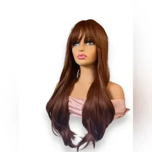Hair | 26 Inch Wavy Reddish Long Hair With Bangs Natural Looking Wig ...